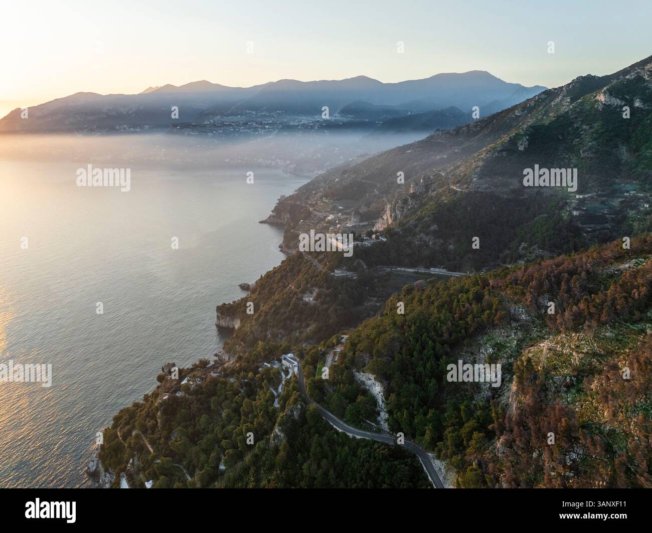 Aerial view of the scenic road along the Amalfi Coast facing the ...