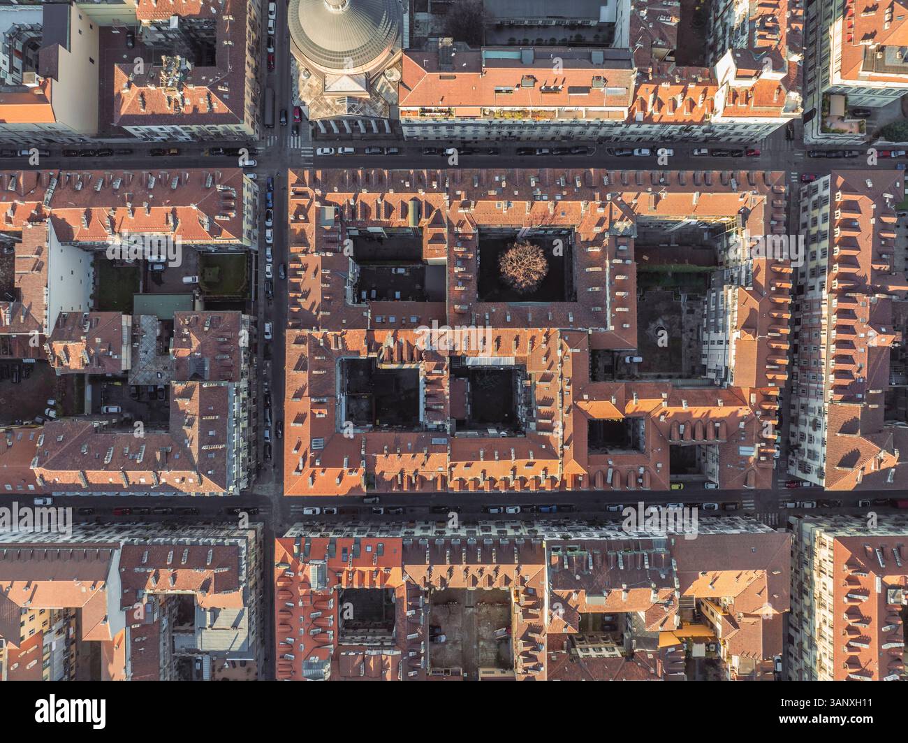 Aerial top down view of rooftops in Turin downtown at sunset, Turin ...