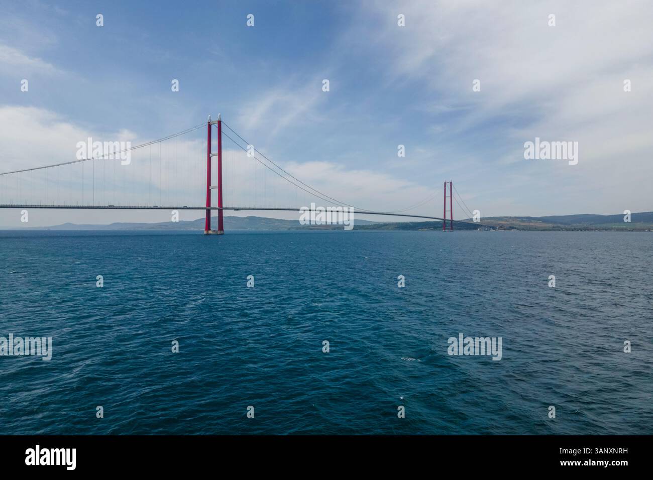 Aerial view of Canakkale Bridge crossing the Dardanelles Strait on ...