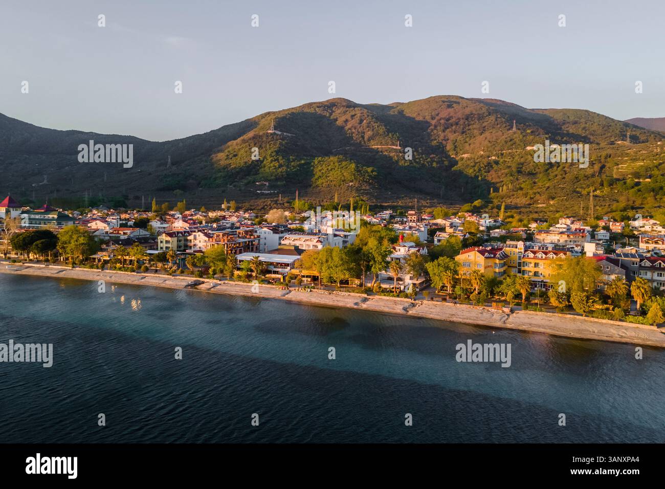 Aerial view of Ocaklar at sunset along the Marmara Sea, Balikesir ...