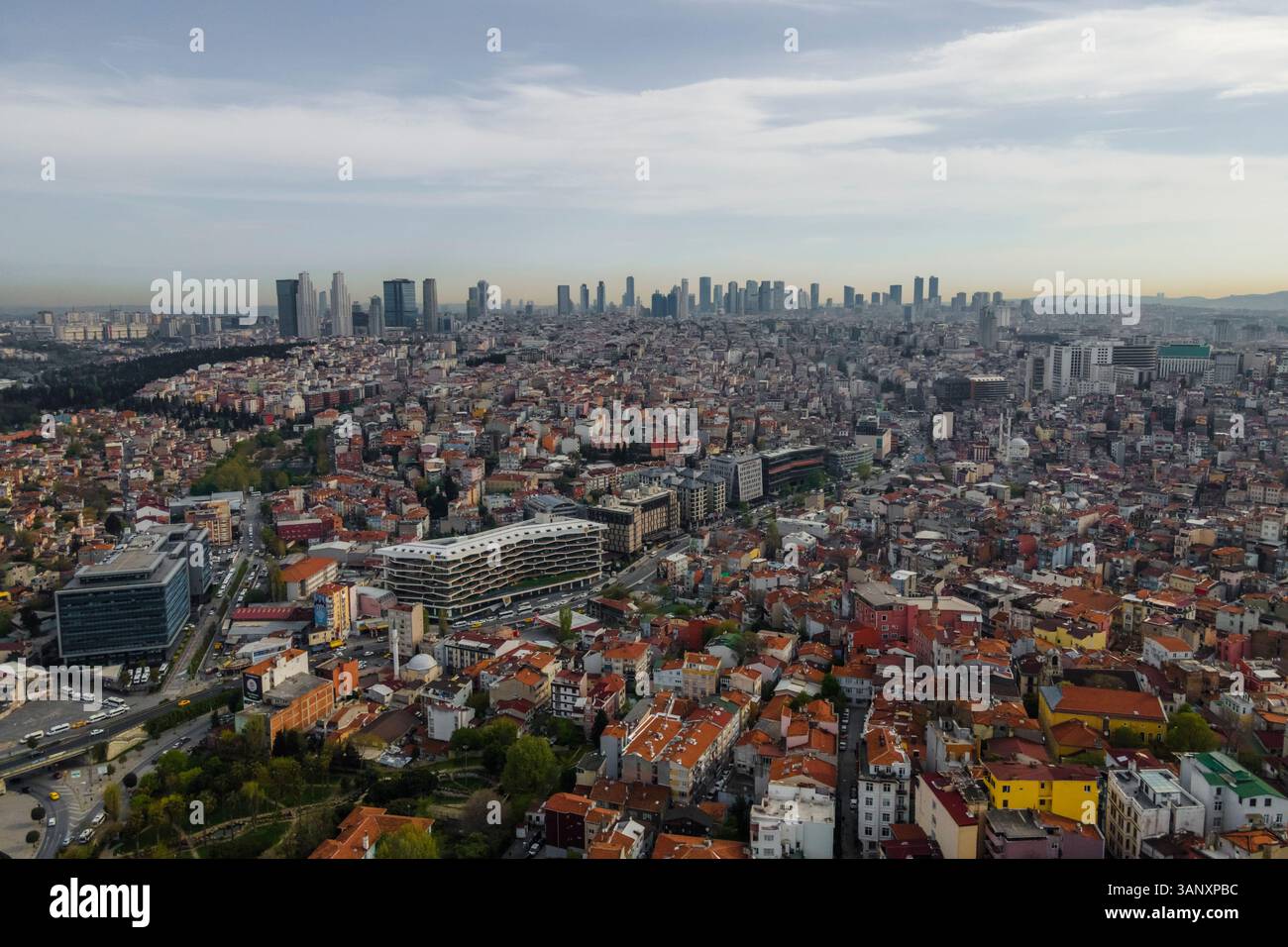 Aerial view of Beyoglu district with tall buildings from a financial ...