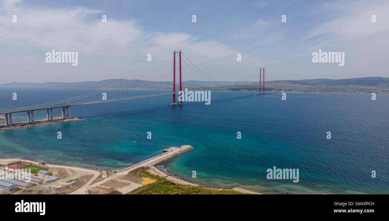 Aerial view of Canakkale Bridge crossing the Dardanelles Strait on ...