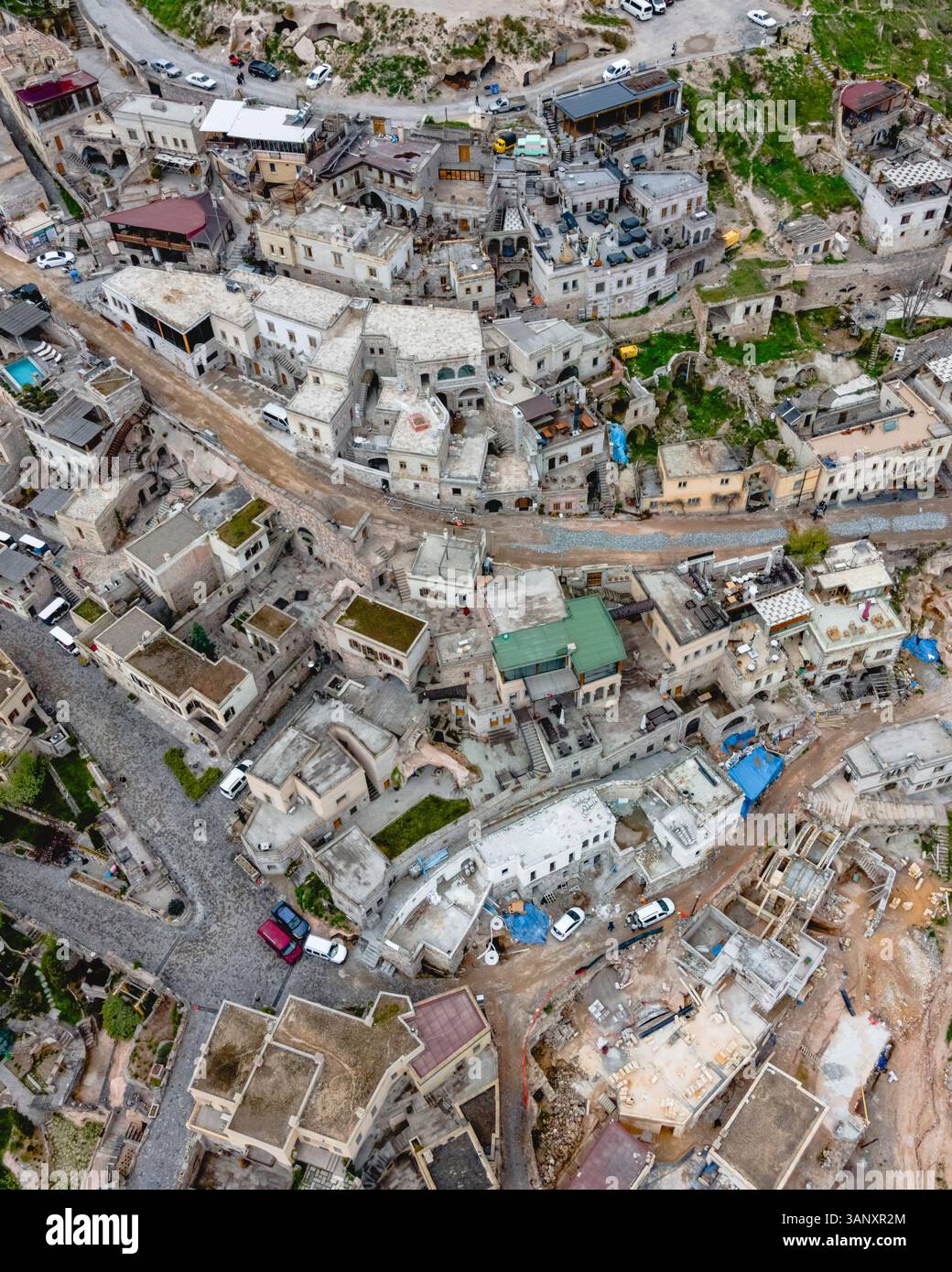 Aerial view of Uchisar old town, a small village in Cappadocia ...