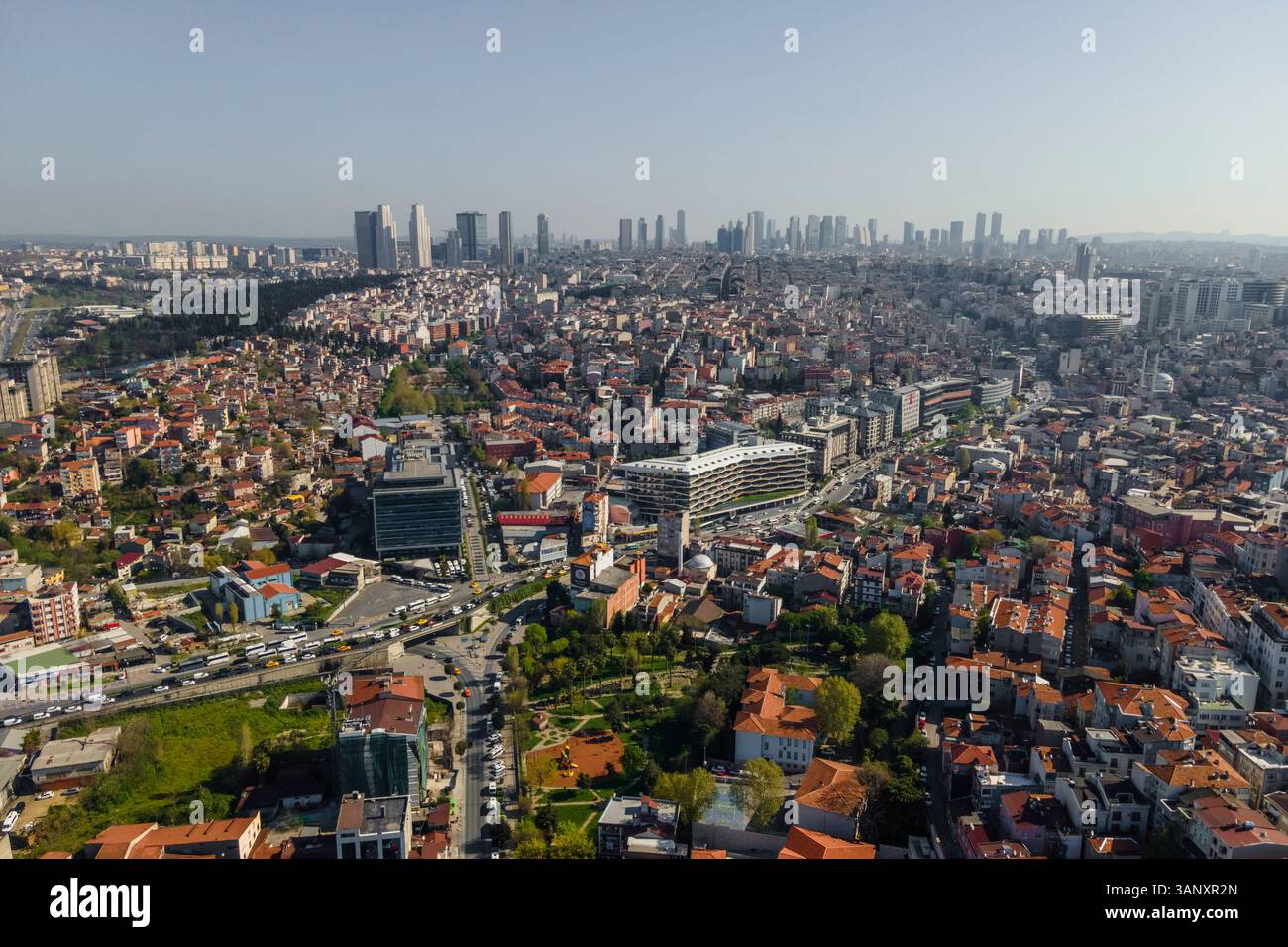 Aerial view of Beyoglu district with tall buildings from a financial ...