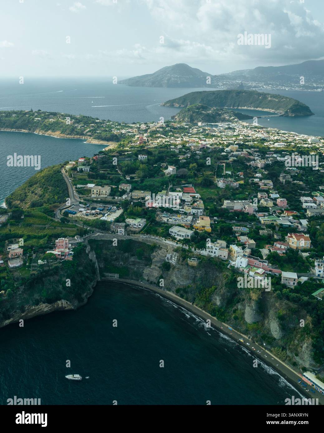 Aerial view of Chiaia beach facing the Gulf of Naples on Procida Island ...
