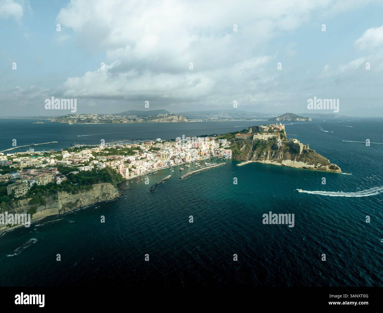 Aerial view of Procida Old town with a small harbour on Procida Island ...