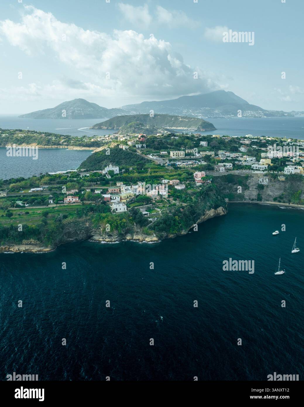 Aerial view of Chiaia beach facing the Gulf of Naples on Procida Island ...