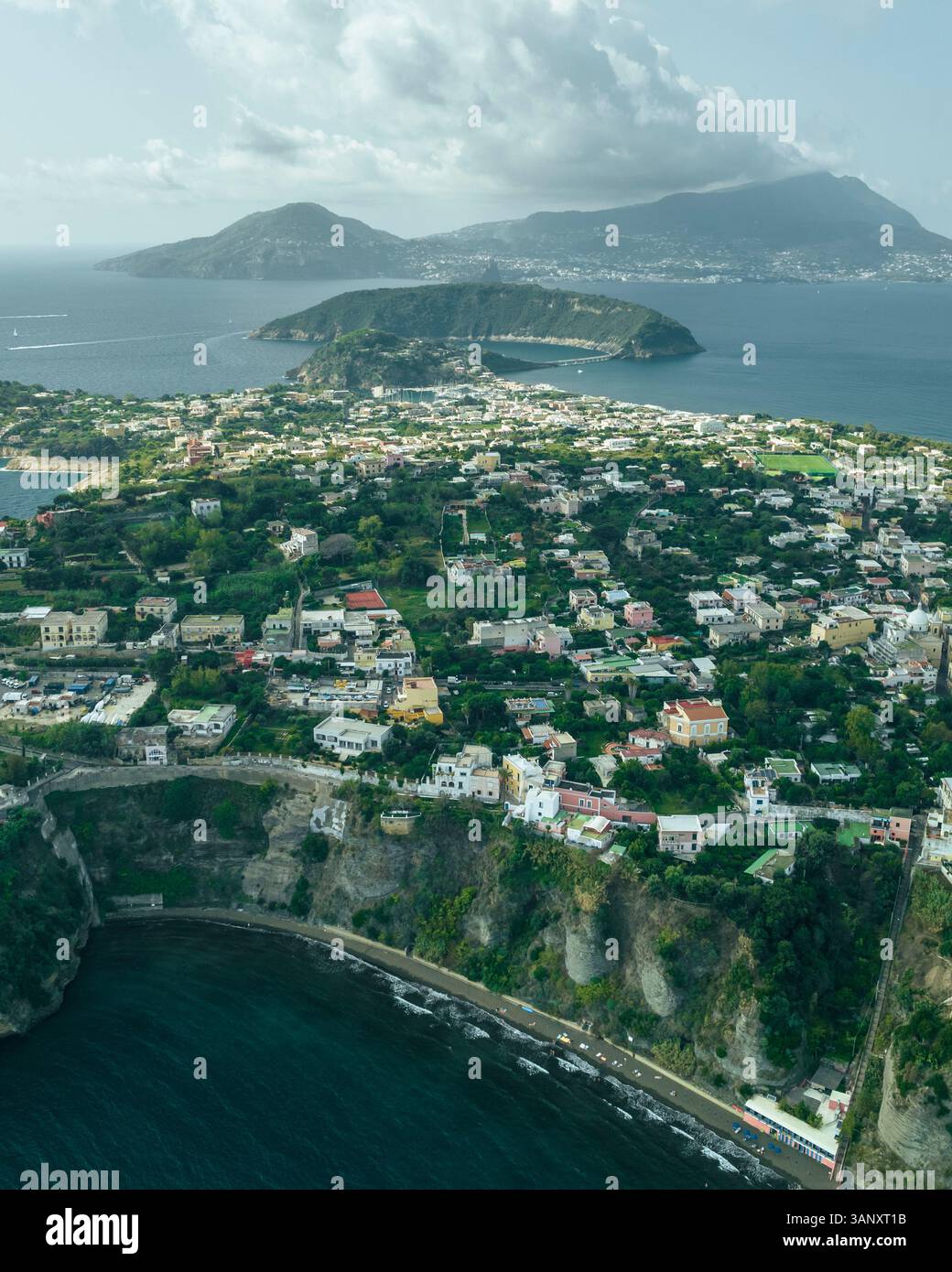Aerial view of Chiaia beach facing the Gulf of Naples on Procida Island ...