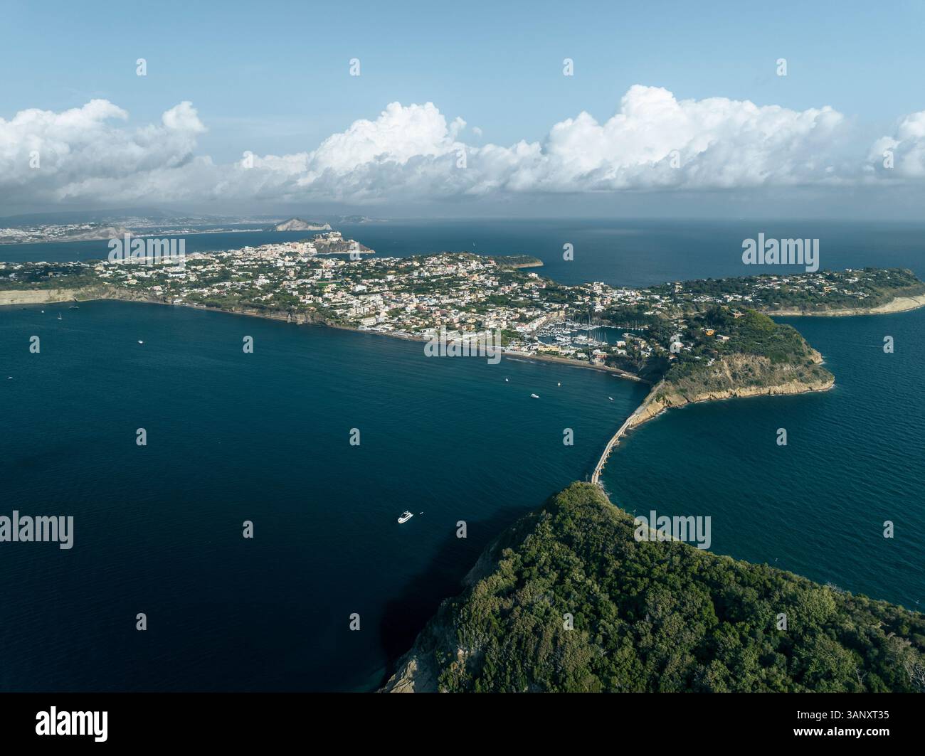 Aerial view of Procida Island and Vivara island natural reserve ...