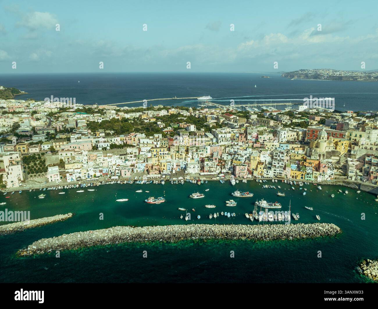 Aerial view of Procida Old town with a small harbour on Procida Island ...