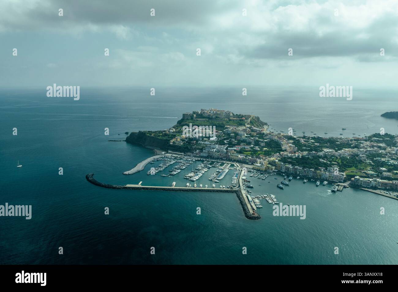 Aerial view of the harbour and the port in Procida Island, Flegree ...