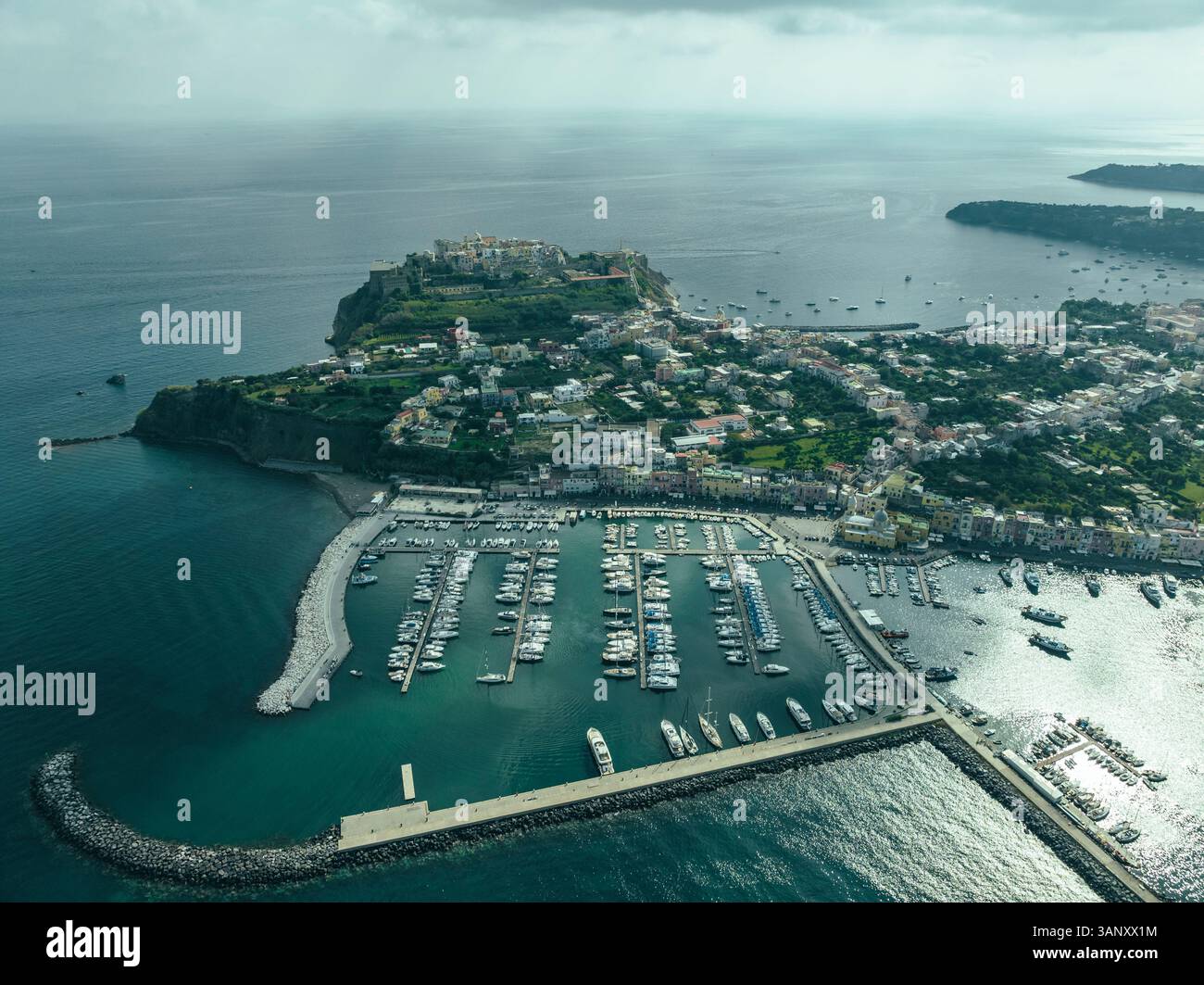 Aerial view of the harbour and the port in Procida Island, Flegree ...