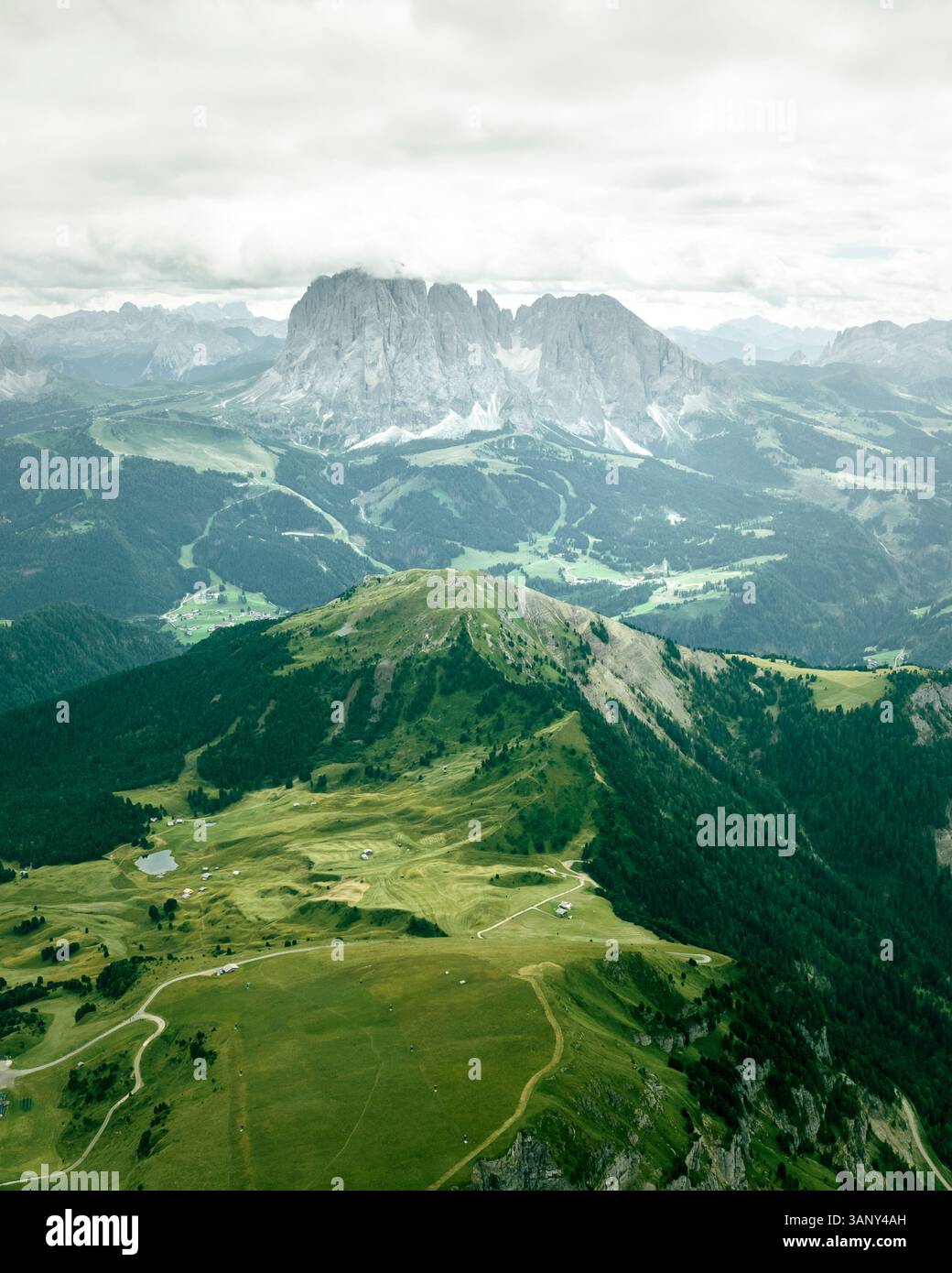 Aerial view of the Dolomites mountain landscape in Trentino, South ...