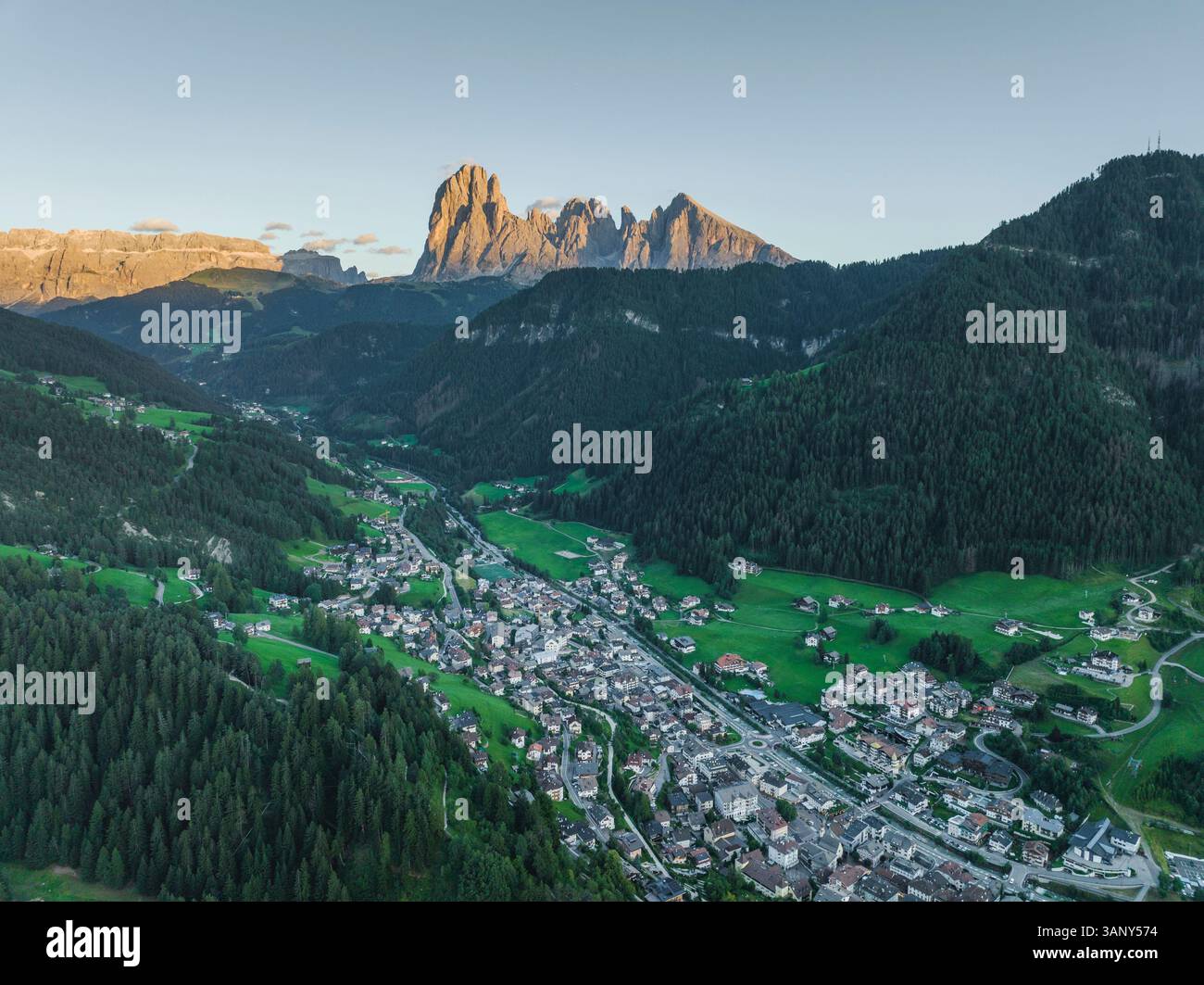 Aerial view of Ortisei, a small village on the Dolomites mountains at ...