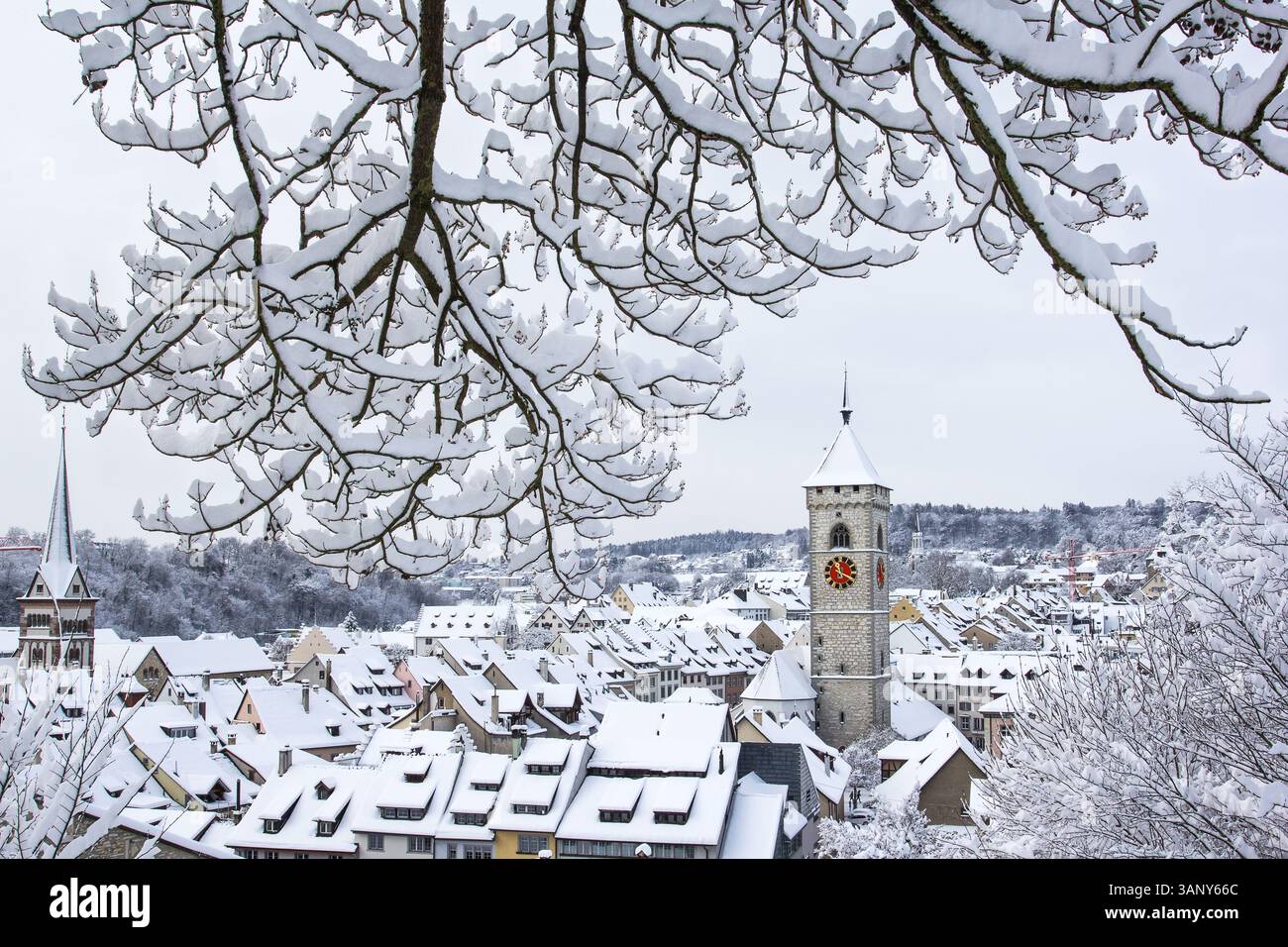 The St. Johan church tower over the old town roofs after a winter snow ...