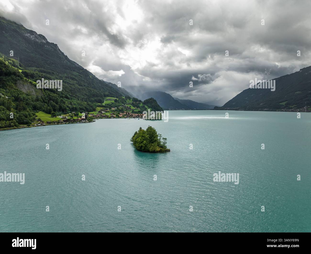 Aerial view of Schnaggeninseli Island near Iseltwald on the Brienzersee ...