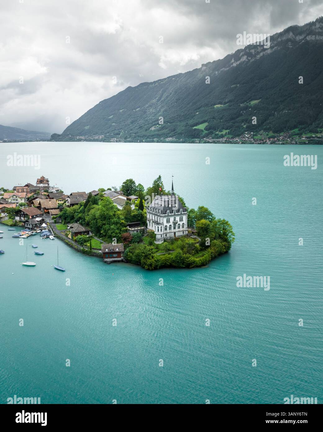 Aerial view of Iseltwald, a small town along the Brienzersee Lake ...