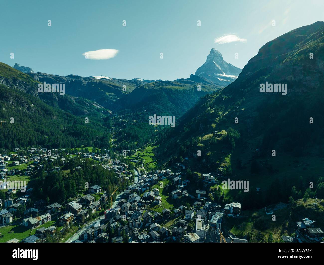 Aerial view of the Matterhorn, an iconic mountain peak with Zermatt ...
