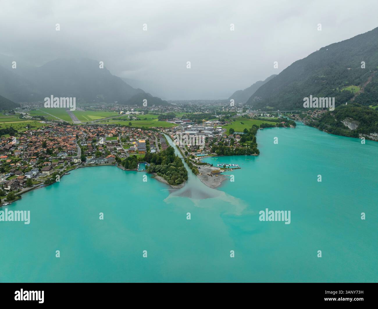 Aerial view of Bonigen, a small town along the Brienzersee Lake with ...