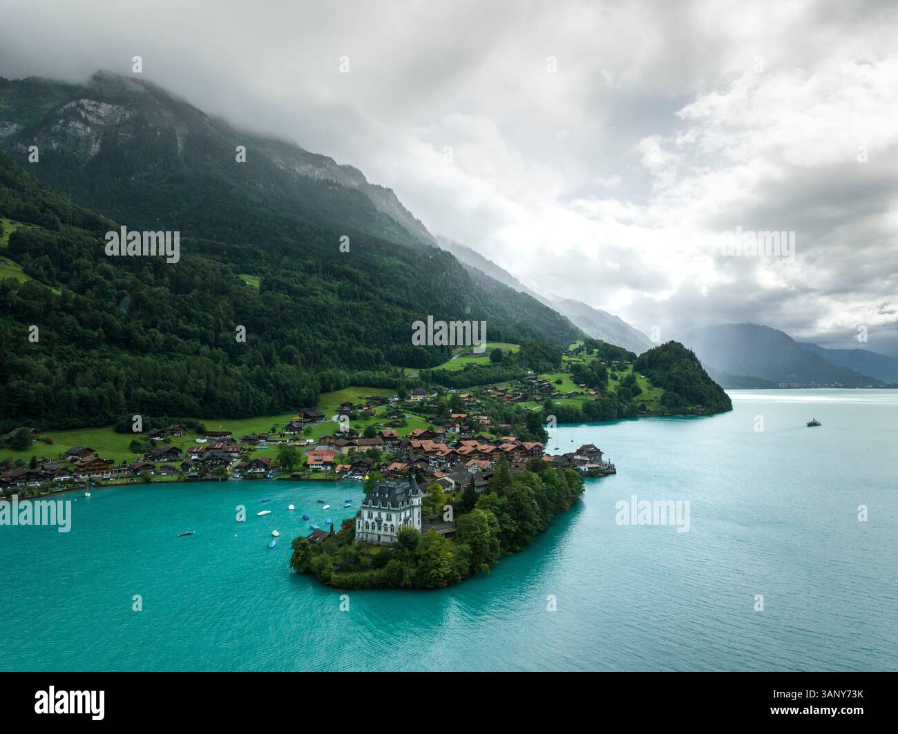 Aerial view of Iseltwald, a small town along the Brienzersee Lake ...