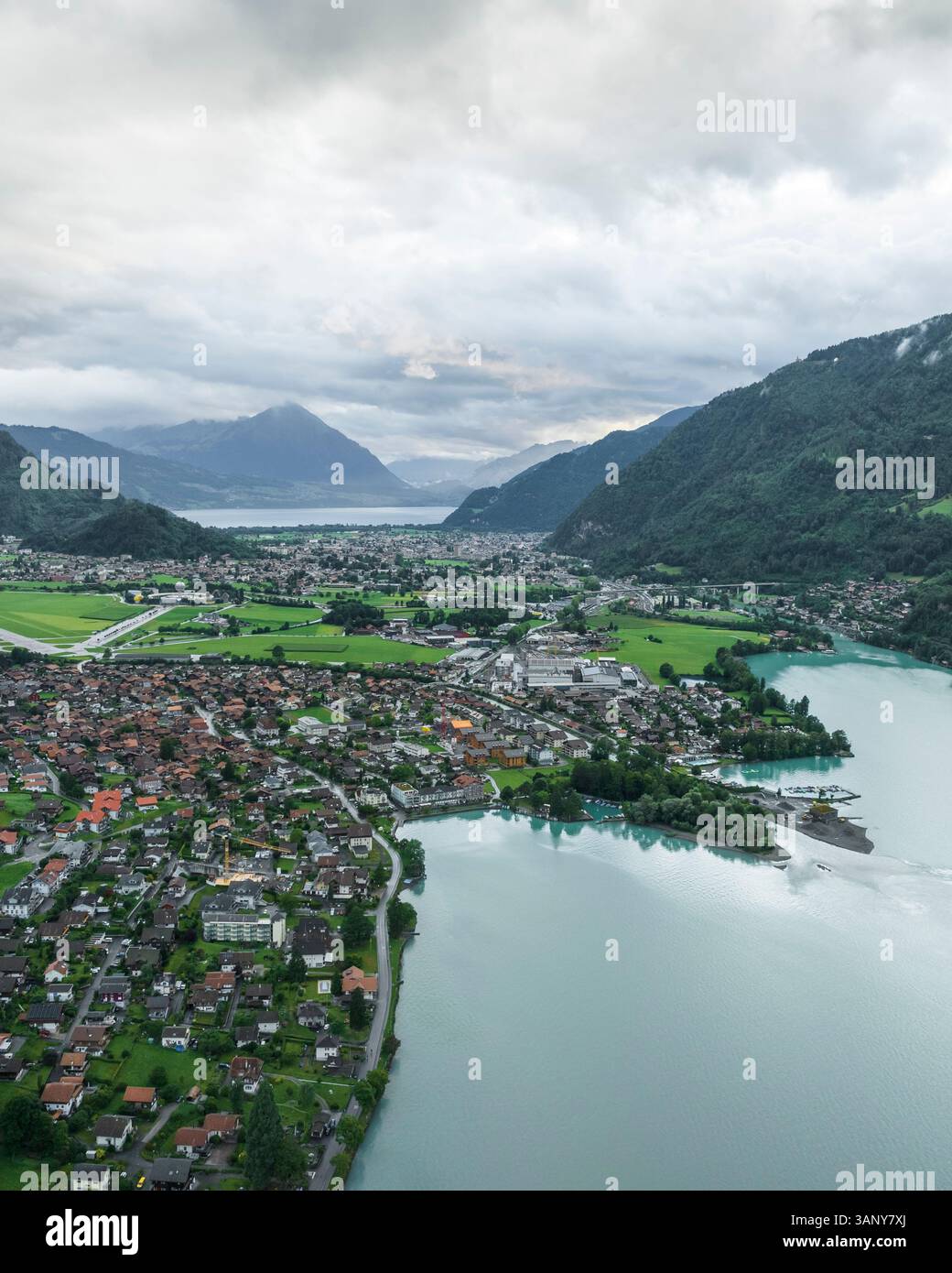 Aerial view of Bonigen, a small town along the Brienzersee Lake with ...