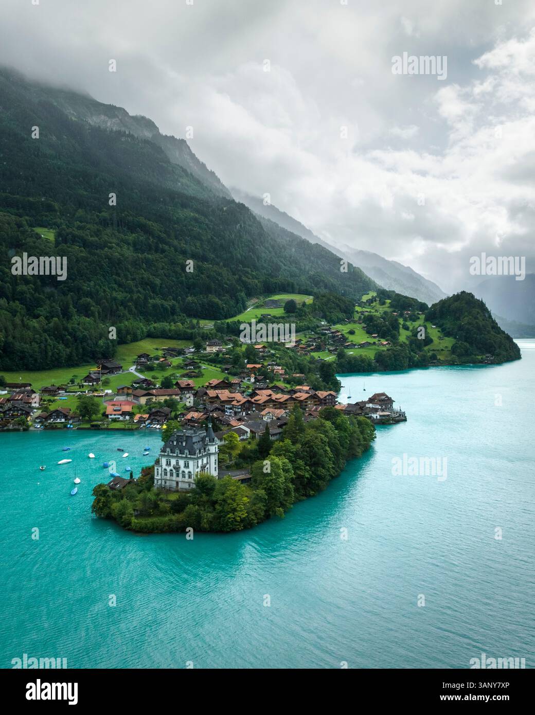 Aerial view of Iseltwald, a small town along the Brienzersee Lake ...
