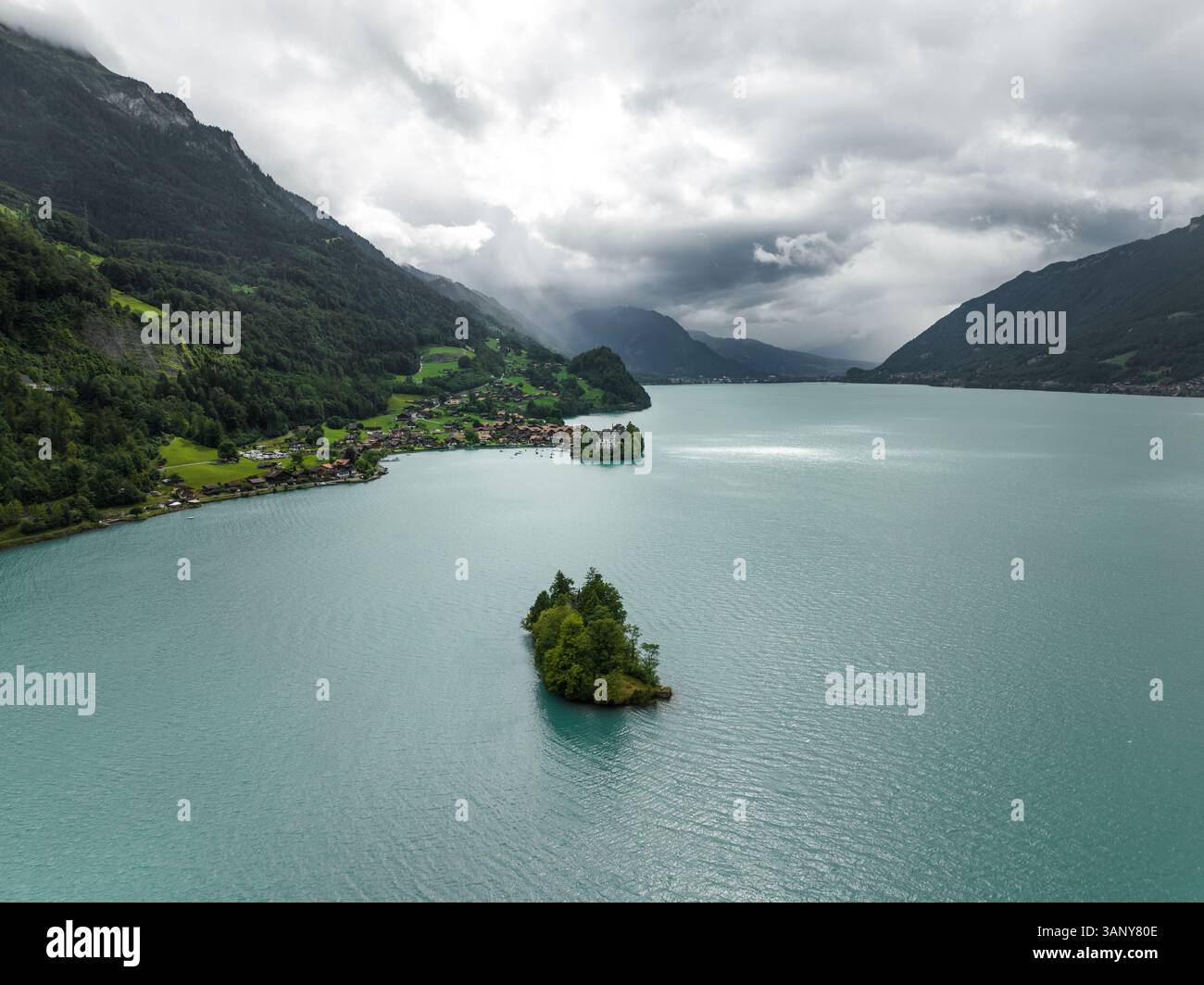 Aerial view of Schnaggeninseli Island near Iseltwald on the Brienzersee ...