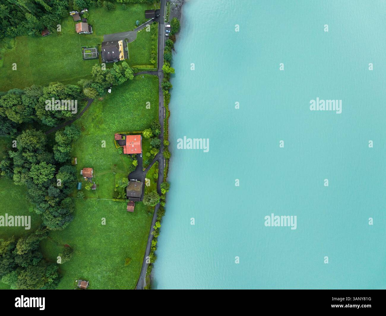 Aerial view of a road following the Brienzersee Lake coastline, Bonigen ...