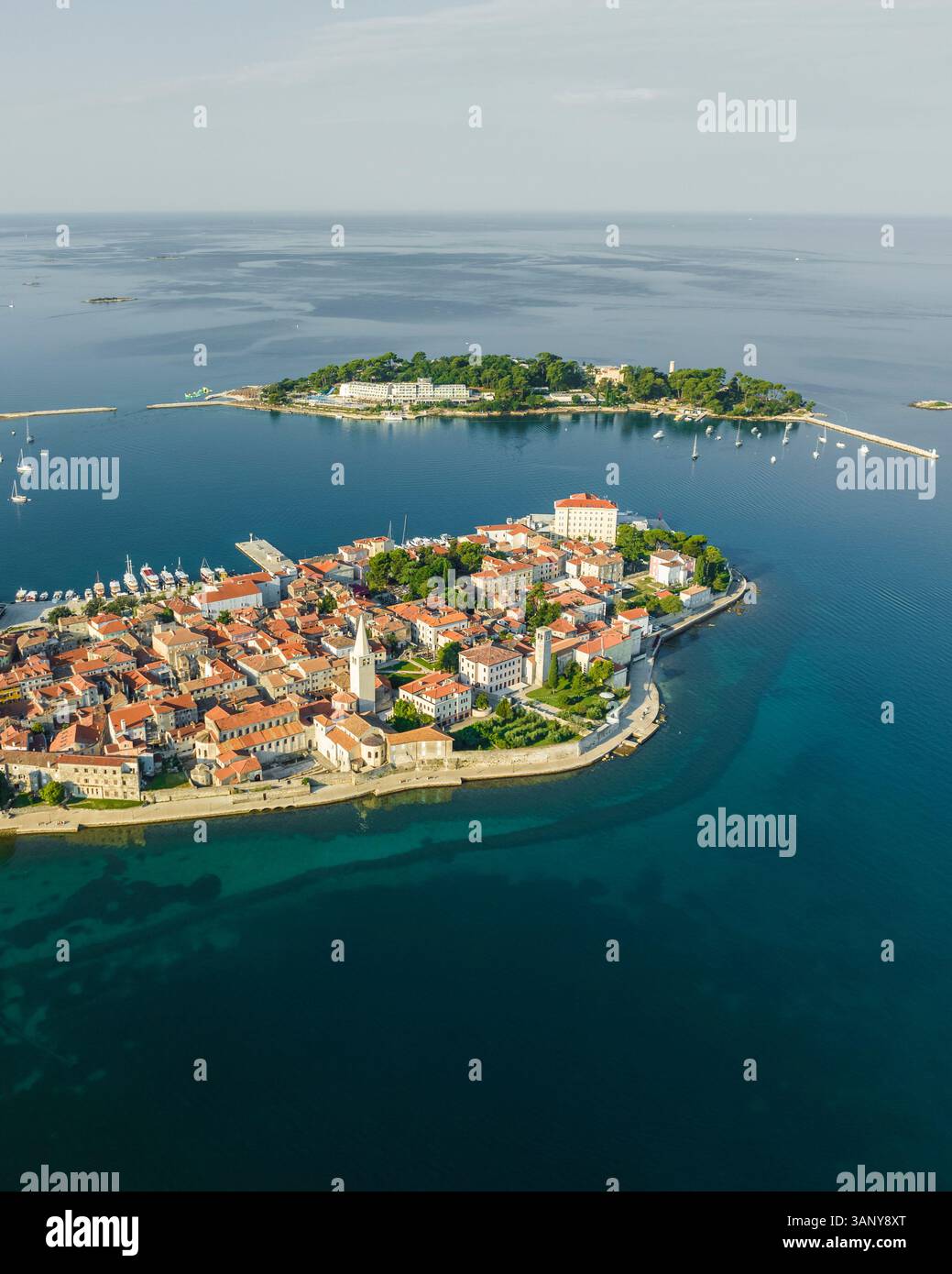 Aerial view of Porec and Otocic Sveti Nikola, a small island, a small ...