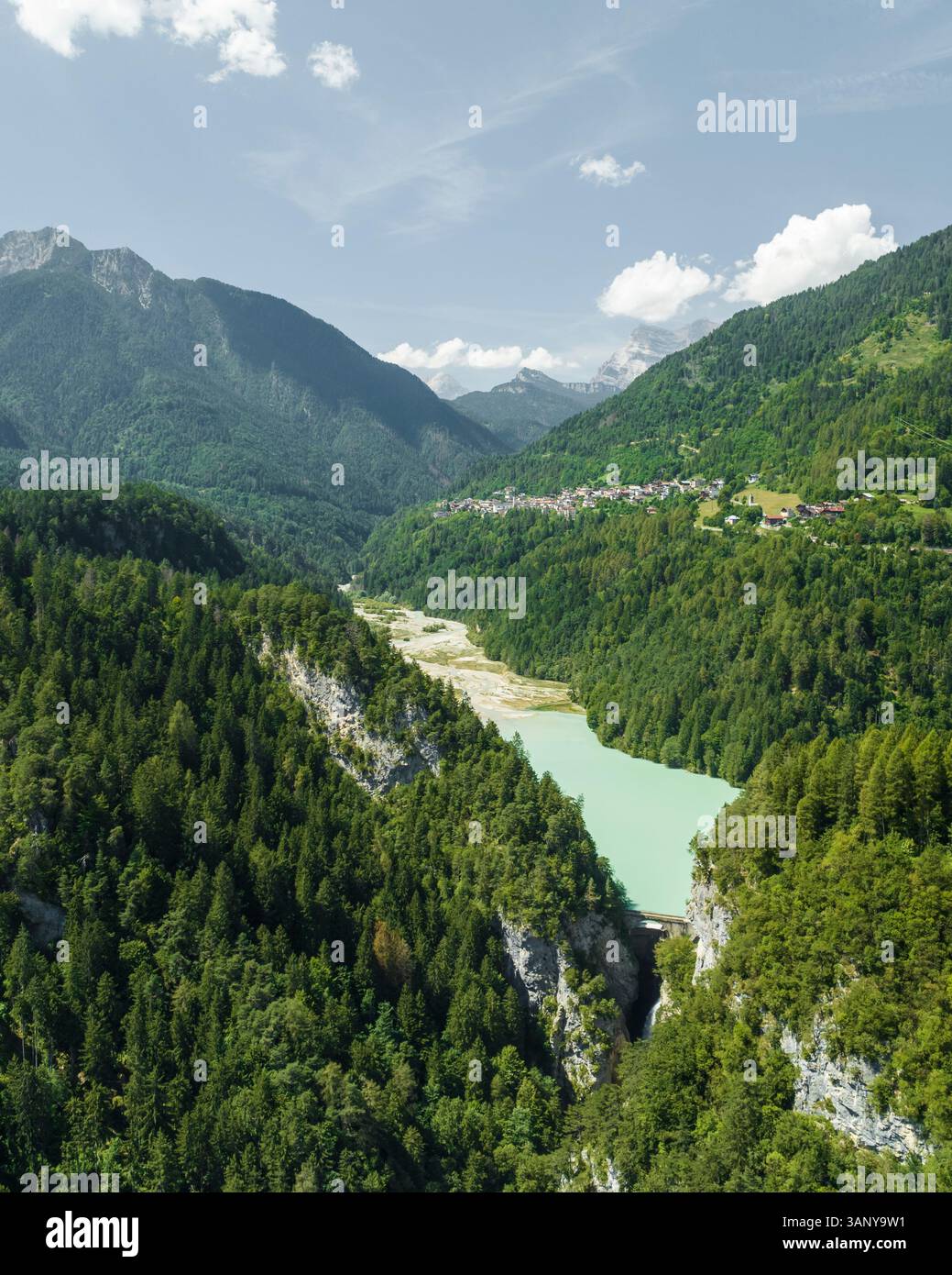 Aerial view of Valle di Cadore Lake, a mountain lake on the Dolomites ...