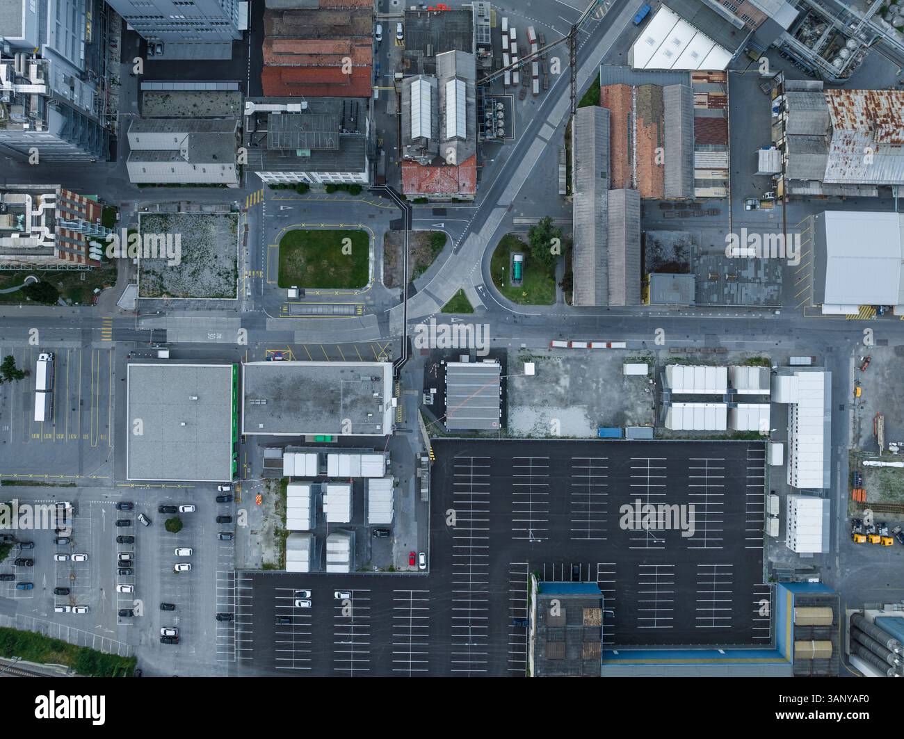 Aerial view of empty streets and buildings in Visp town, Valais ...