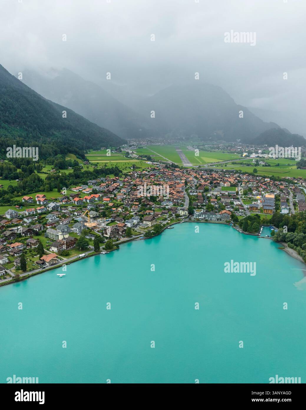 Aerial view of Bonigen, a small town along the Brienzersee Lake with ...