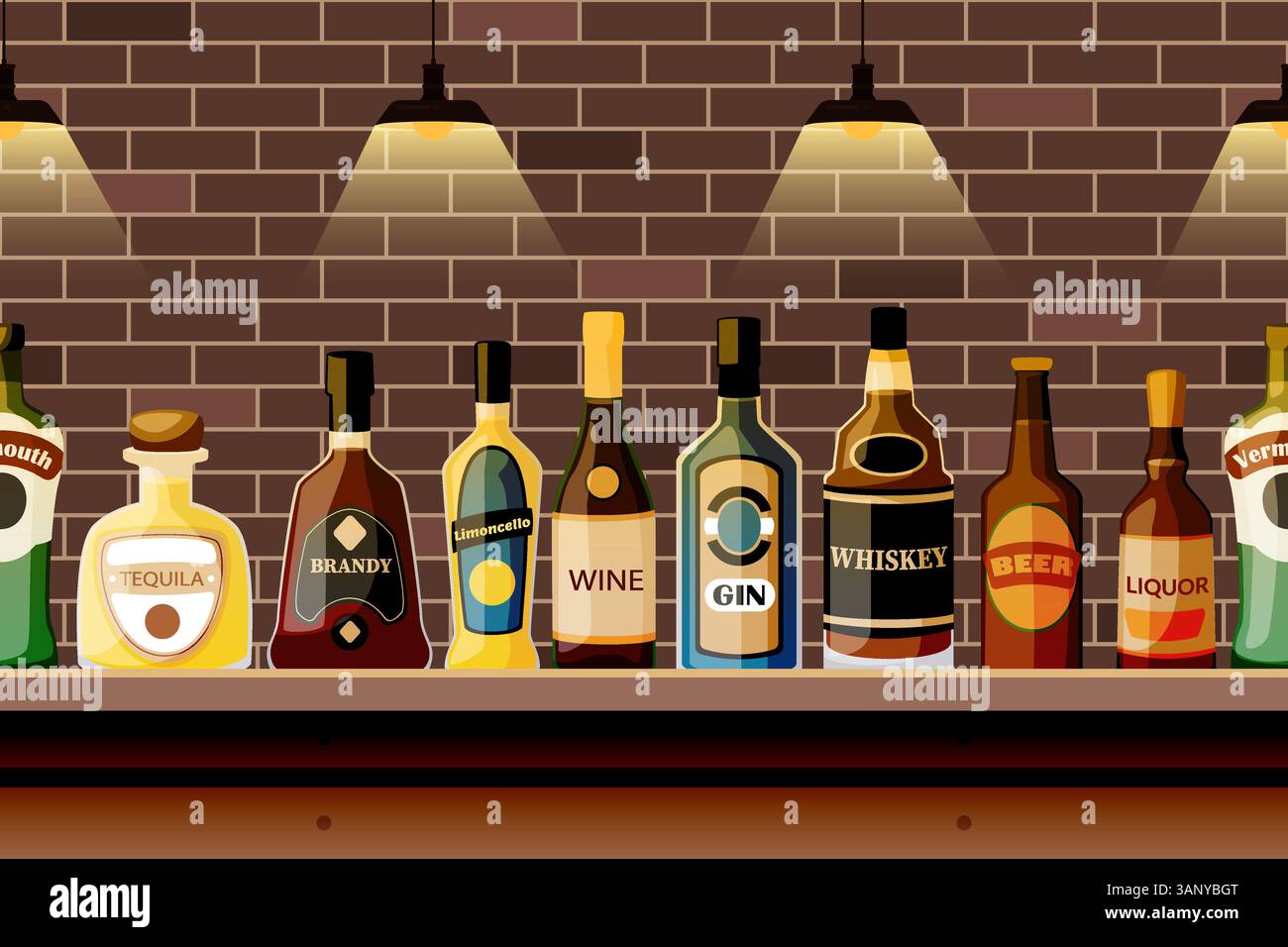 Alcohol drink bottles on wooden bar counter. Seamless horizontal night ...