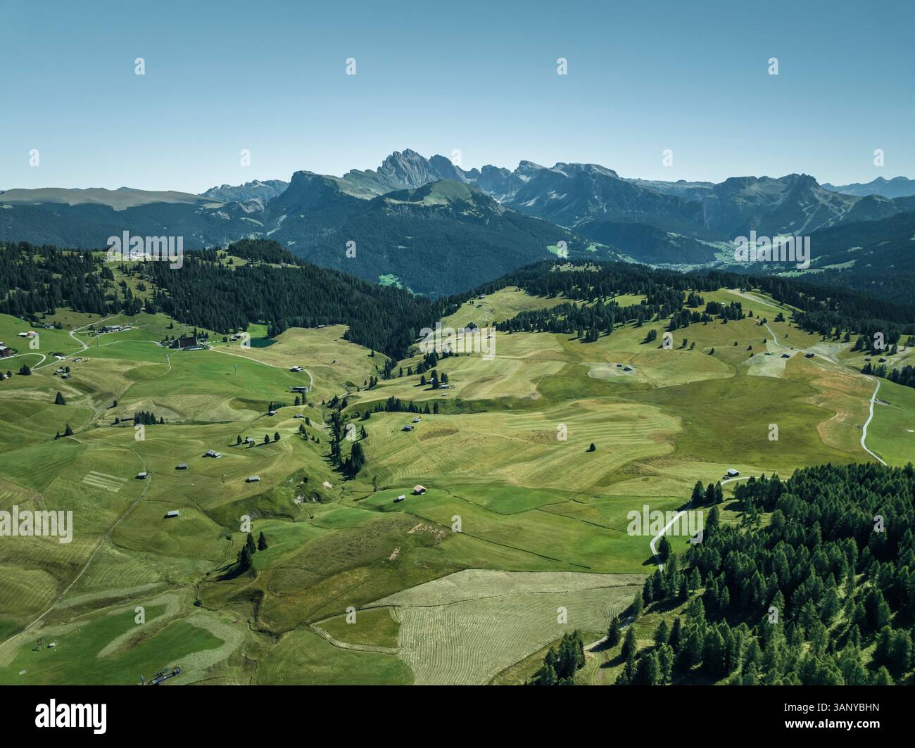 Aerial view of Secede mountain peak as seen from Alpe di Siusi (Seiser ...