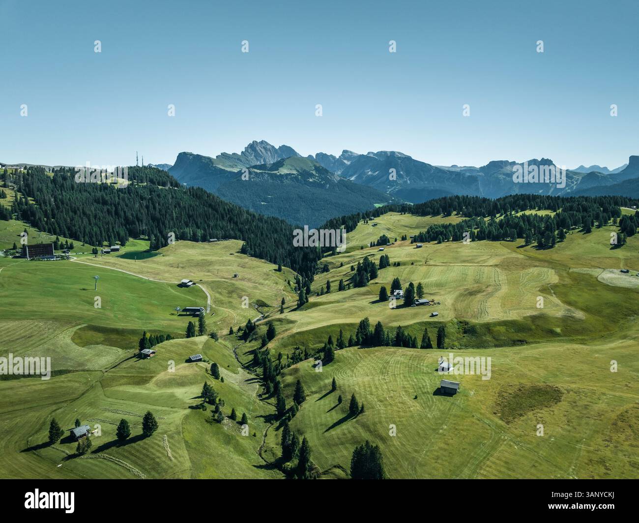 Aerial view of Secede mountain peak as seen from Alpe di Siusi (Seiser ...