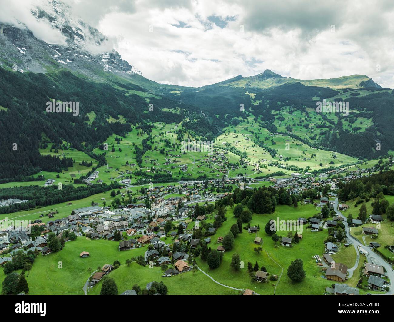 Aerial view of Grindelwald, a small town in the valley on the Swiss ...