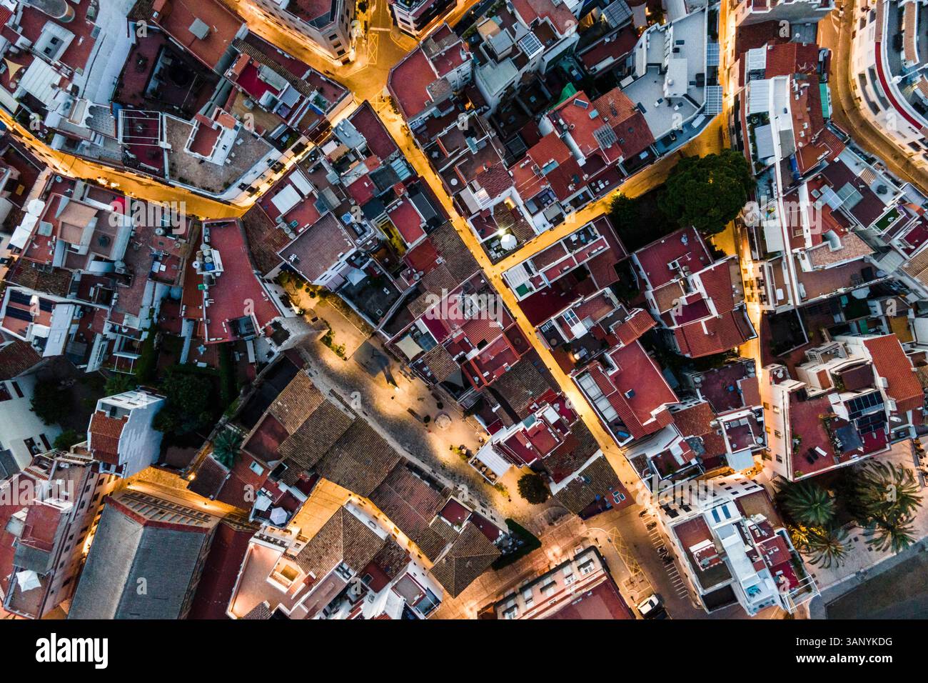 Aerial top down view of Sitges rooftops at sunset, Barcelona, Spain ...