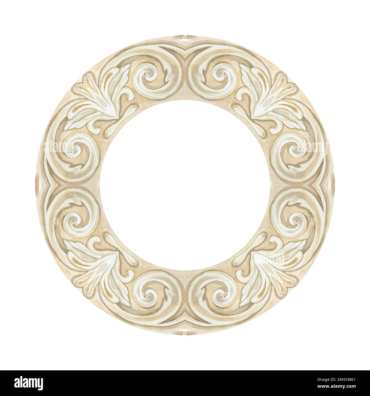 Plaster round frame with symmetrical patterns. Hand drawn watercolor ...