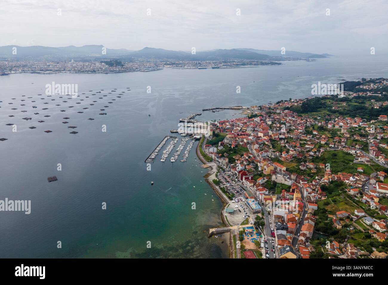 Aerial view of Moana, a small town along the Ria de Vigo river ...
