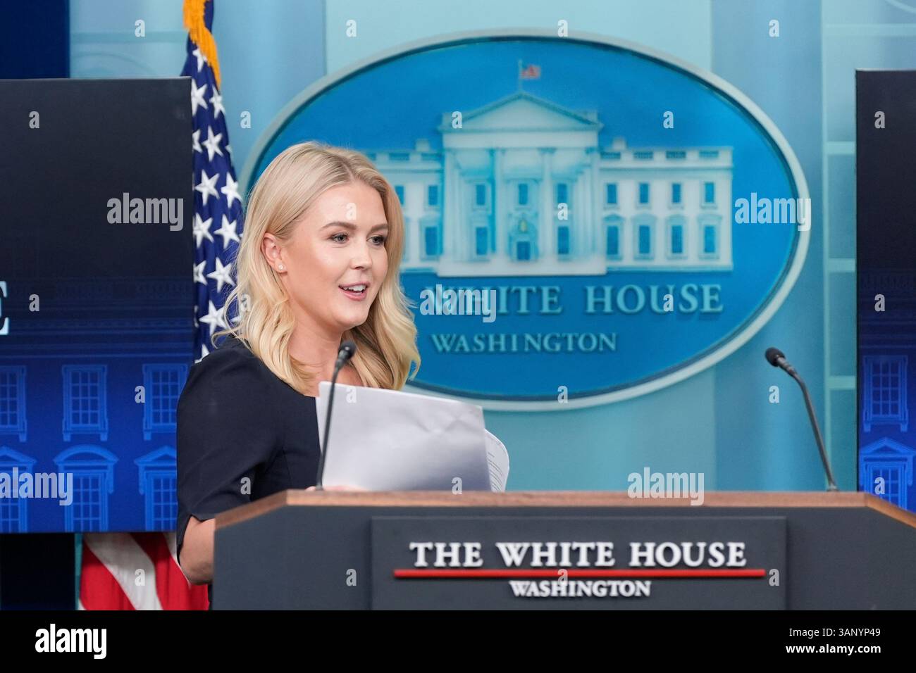 White House press secretary Karoline Leavitt arrives to speak with reporters in the James Brady ...