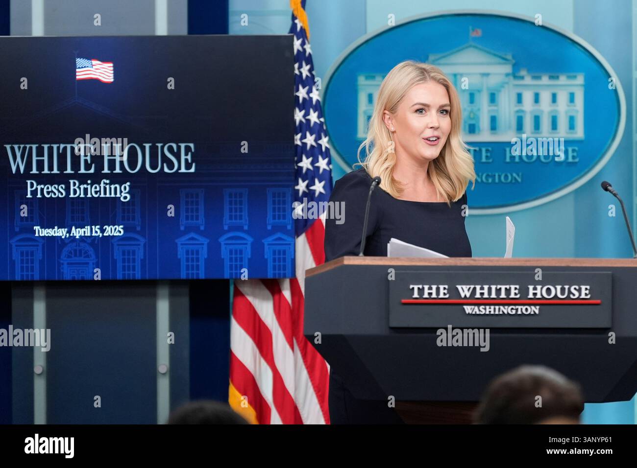 White House press secretary Karoline Leavitt arrives to speak with reporters in the James Brady ...