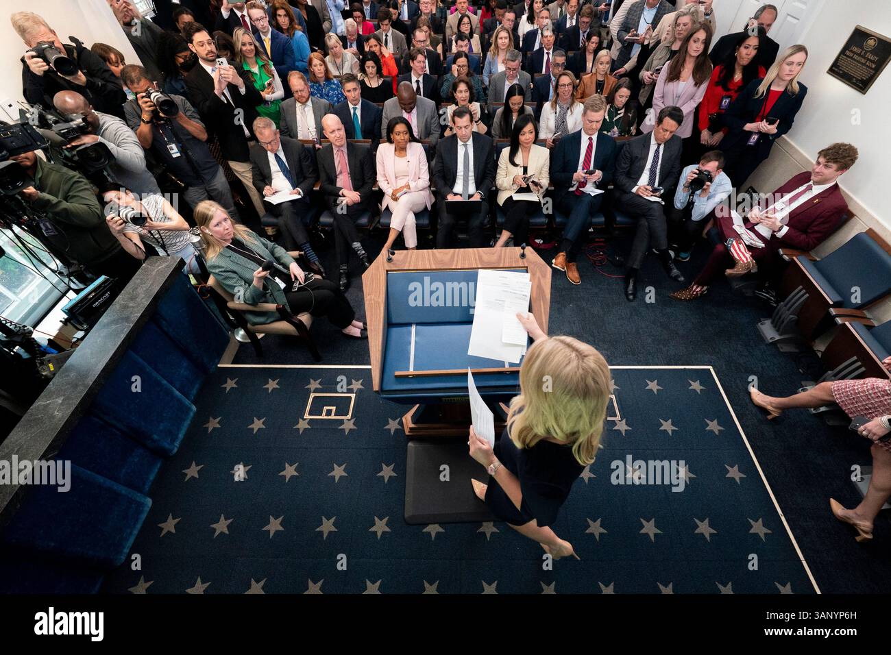 White House press secretary Karoline Leavitt arrives to speak with reporters in the James Brady ...