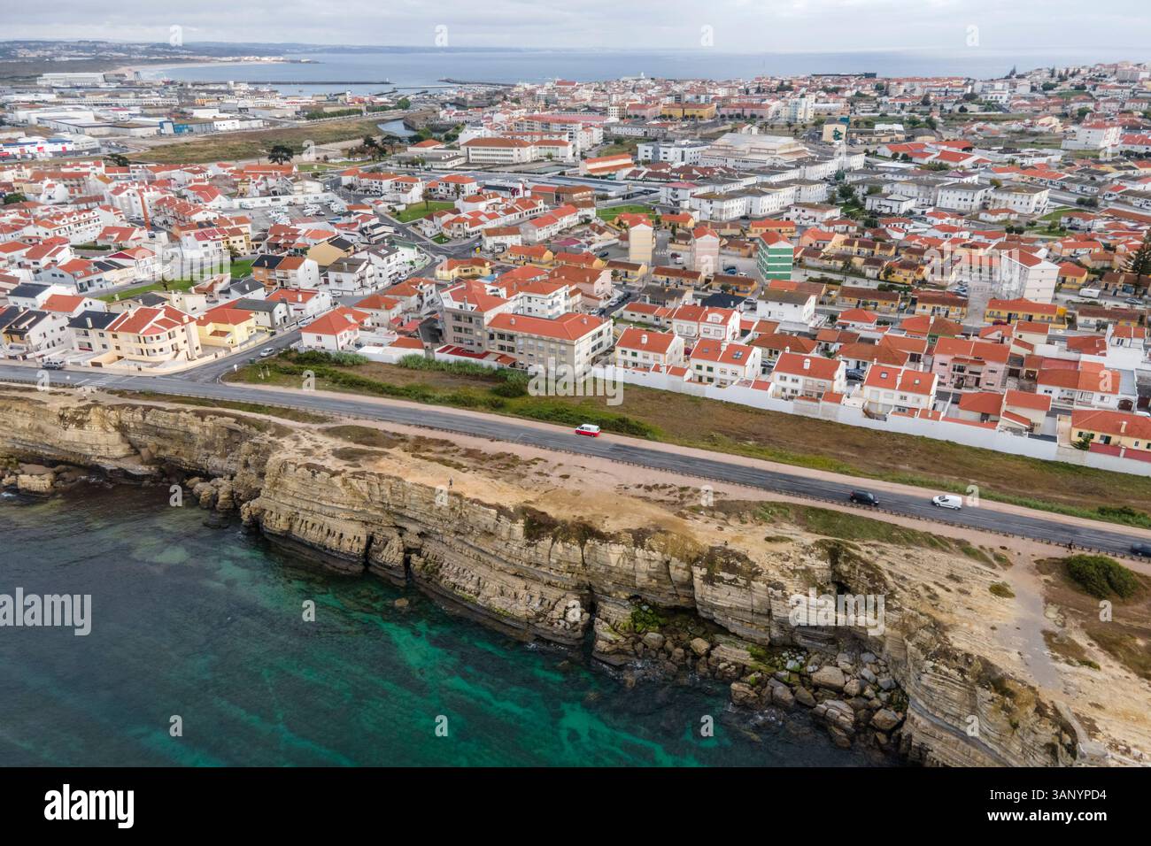 Aerial view of house from a residential district in Peniche along the ...