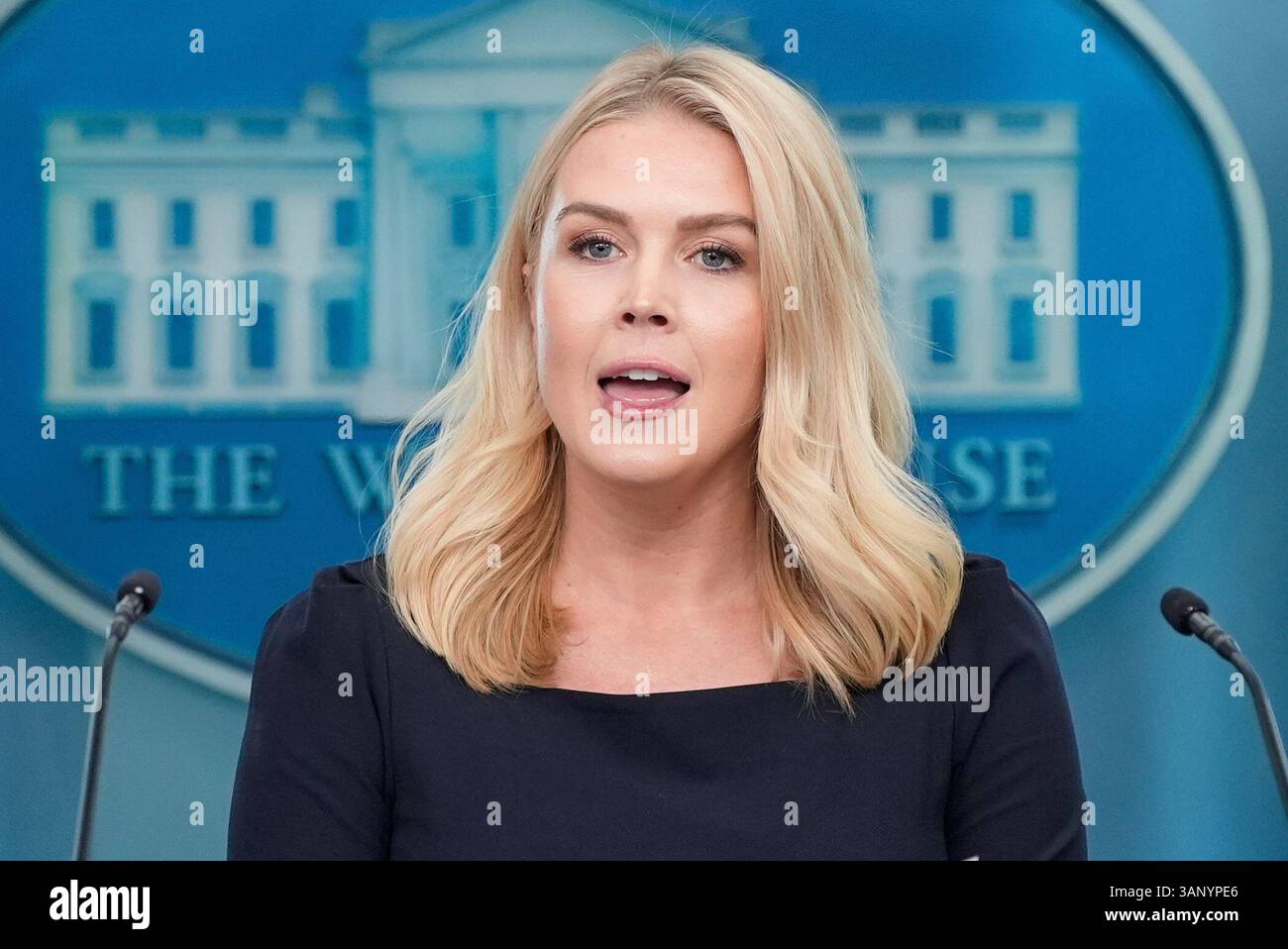 White House press secretary Karoline Leavitt speaks with reporters in the James Brady Press ...