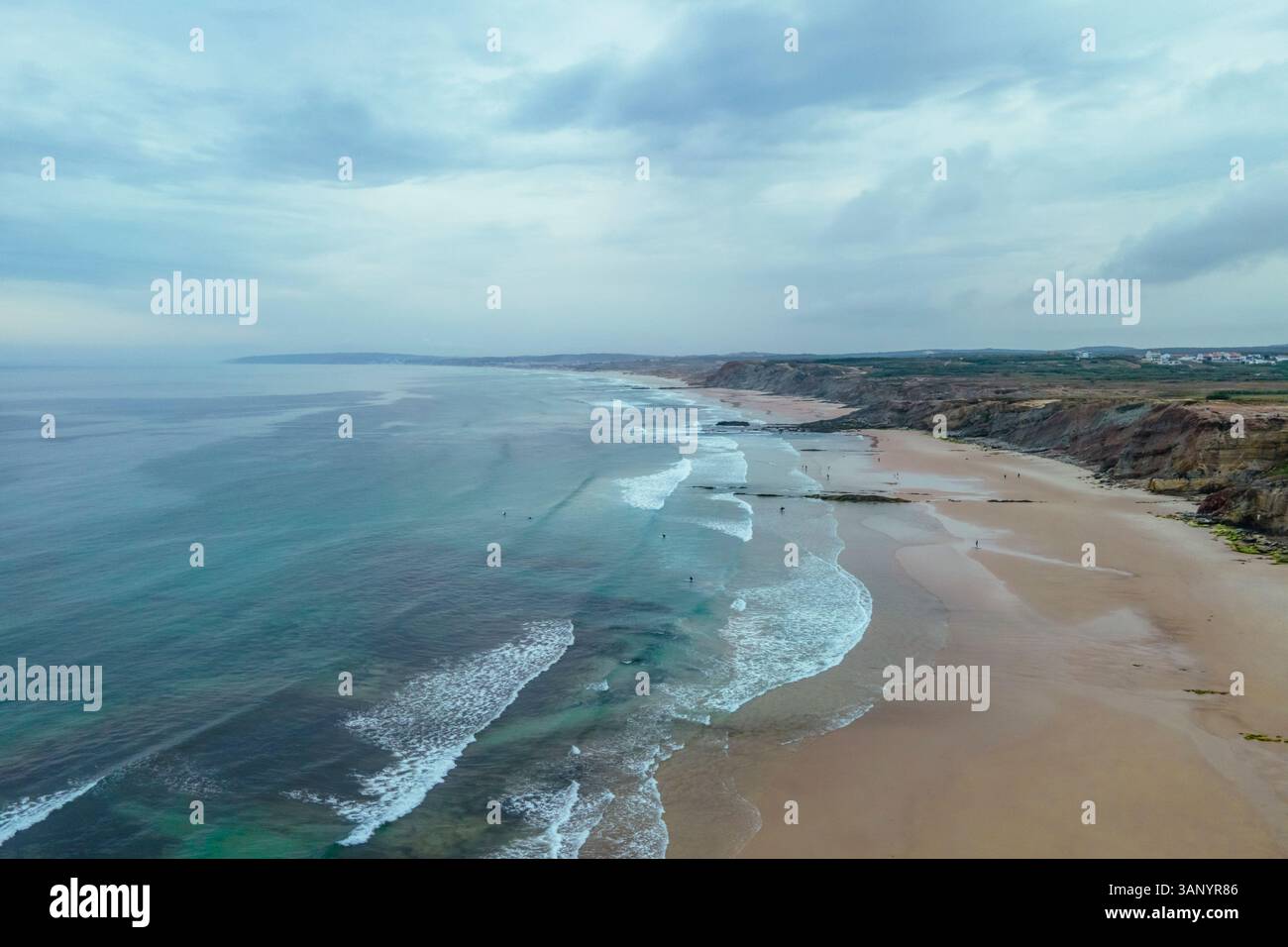 Aerial view of Praia Baleal, an endless beach along the ocean coastline ...