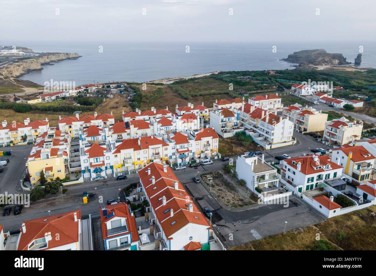 Aerial view of house from a residential district in Peniche along the ...