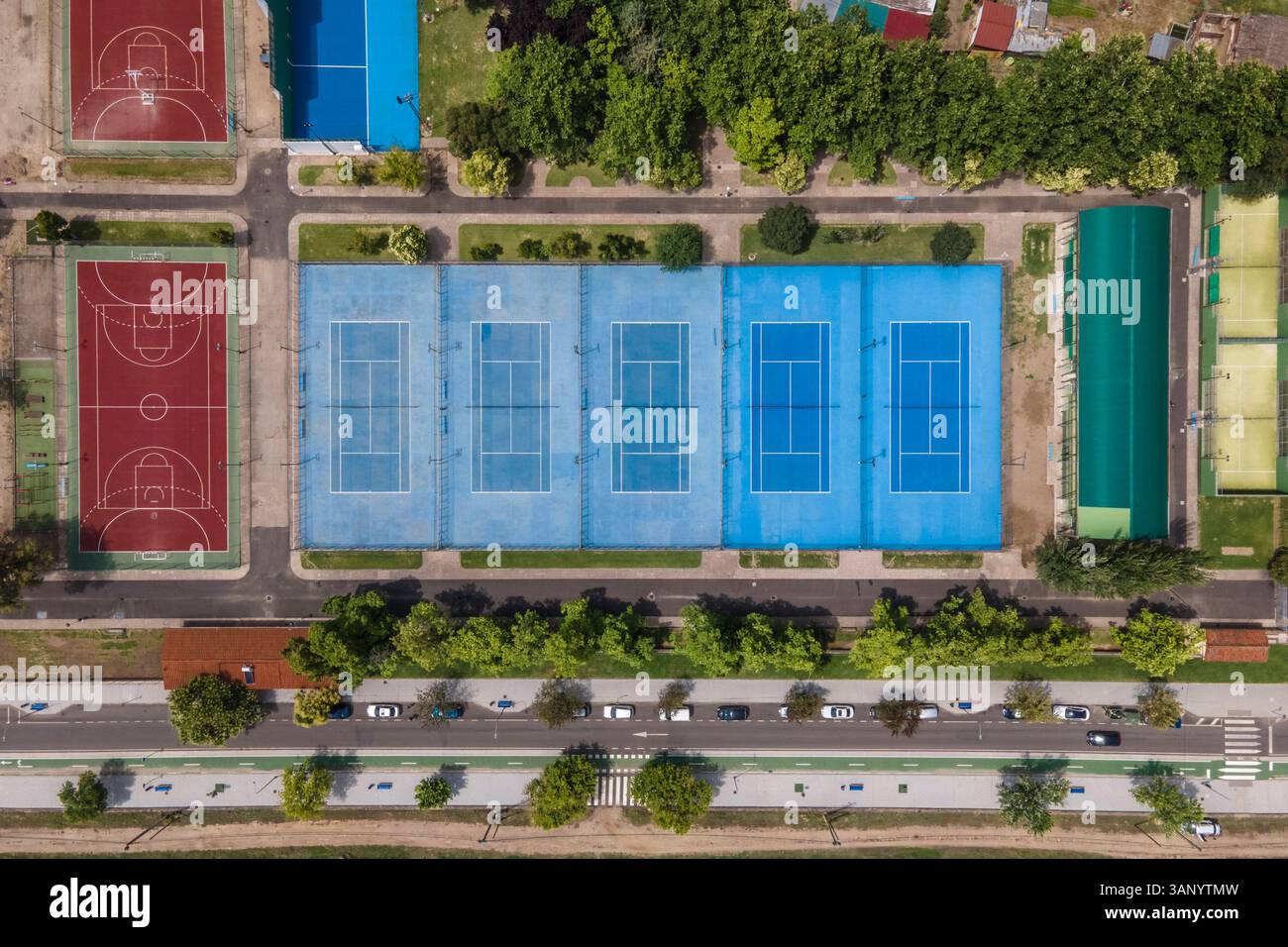 Aerial view of sport places along the road in Coria, a small town in ...