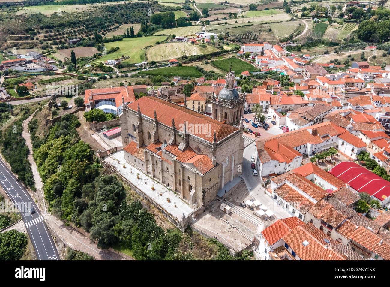 Aerial view of the Cathedral of Saint Mary in Coria, a small town in ...