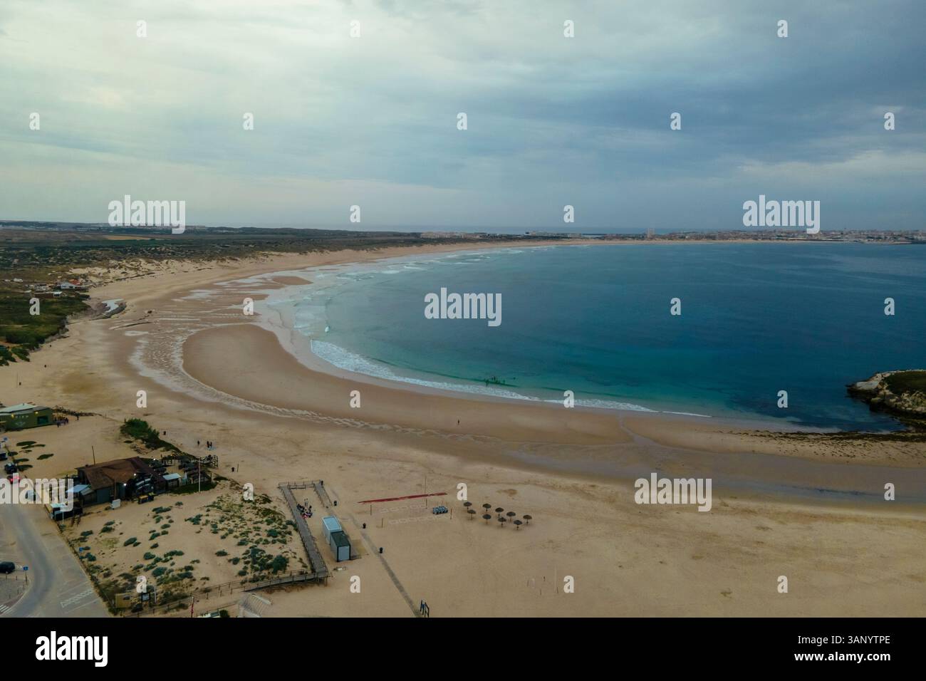 Aerial view of Praia Baleal, an endless beach along the ocean coastline ...