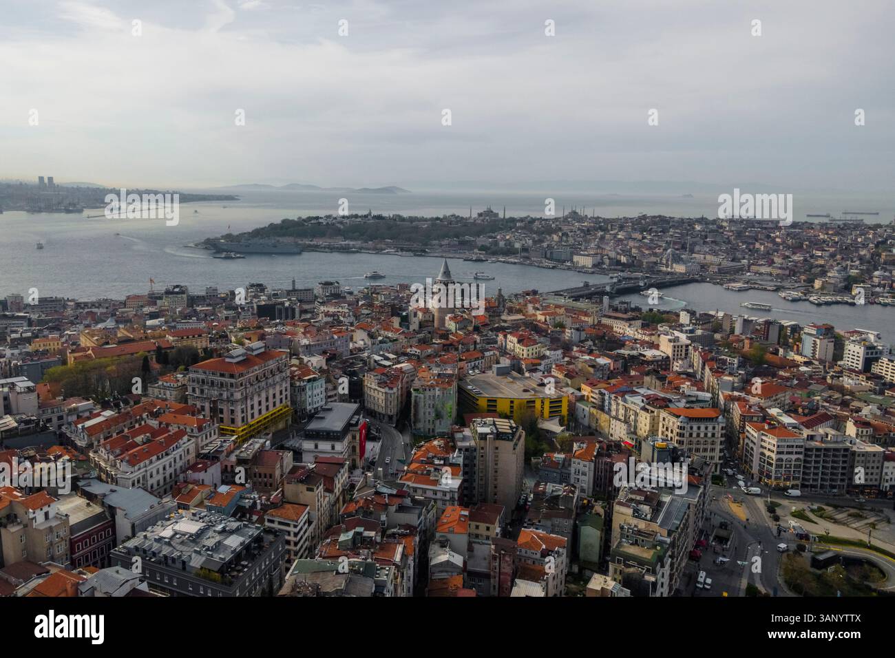 Aerial view of the Galata tower in Beyoglu district on the European ...